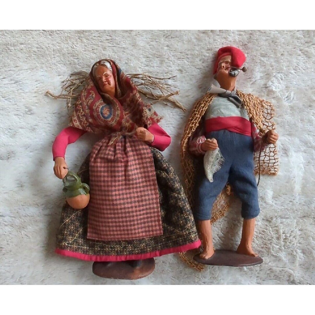 Two French Santon 12" Terracotta Clay Dolls Signed Simone Jouglas ...