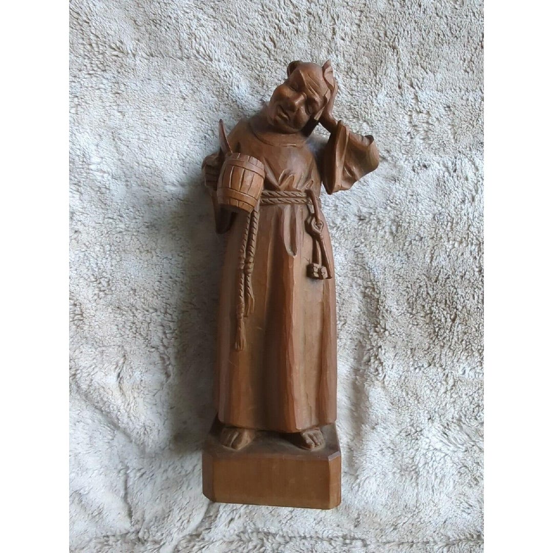 Vtg 16" Wood Hand Carved Beer Drinking Monk FRIAR Abbot Figure Statue ...