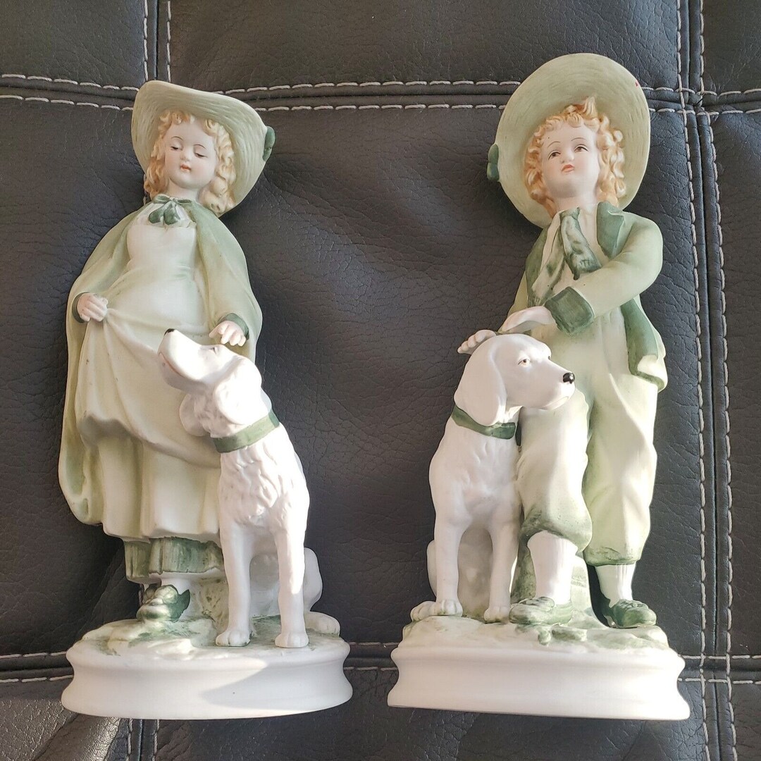 10" ANDREA BY SADEK Bisque Porcelain Figurine Green Girl and Boy With ...