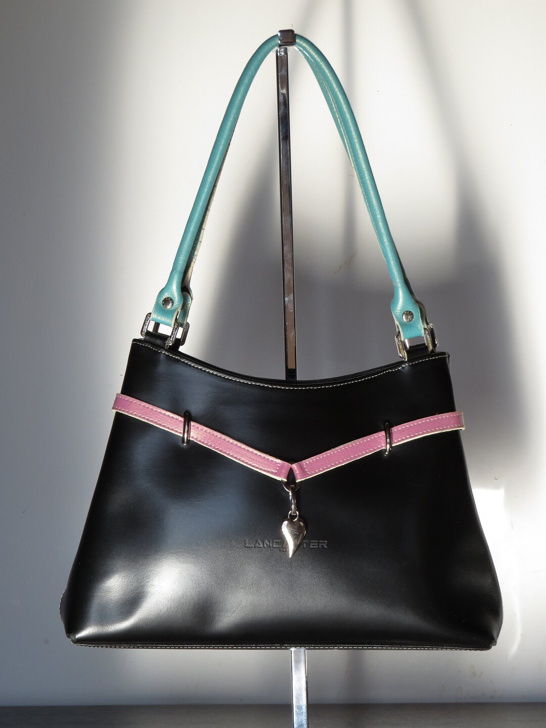 Black LANCASTER Leather Bag, Pink Strap and Turquoise Handles - Etsy