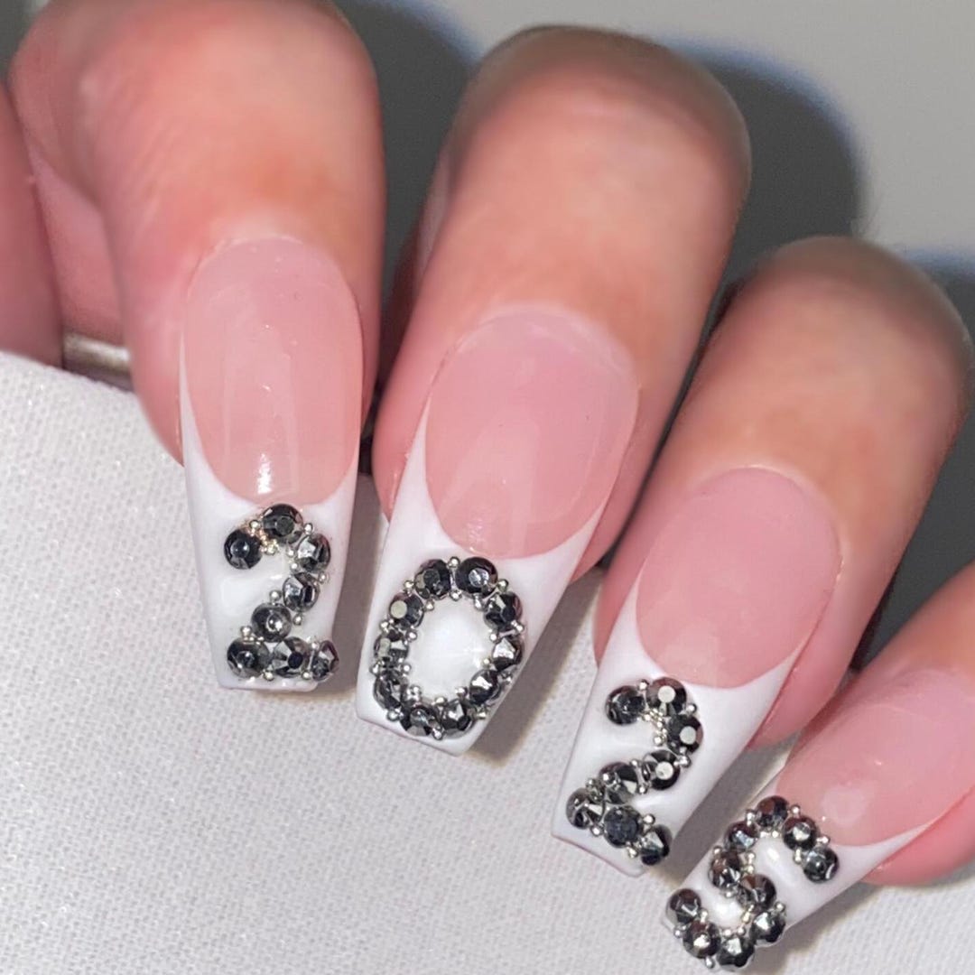 NEW YEAR - 2025 Nails, Premium Quality Press on Nails, White French Tip ...