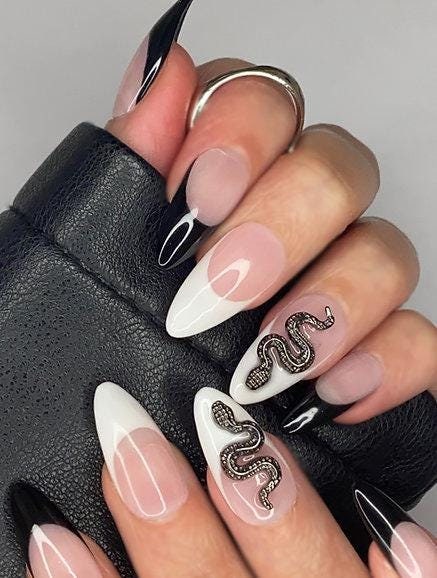 VIPER - Quality Press on Nails | 3d Snake Black White French Tip Design ...