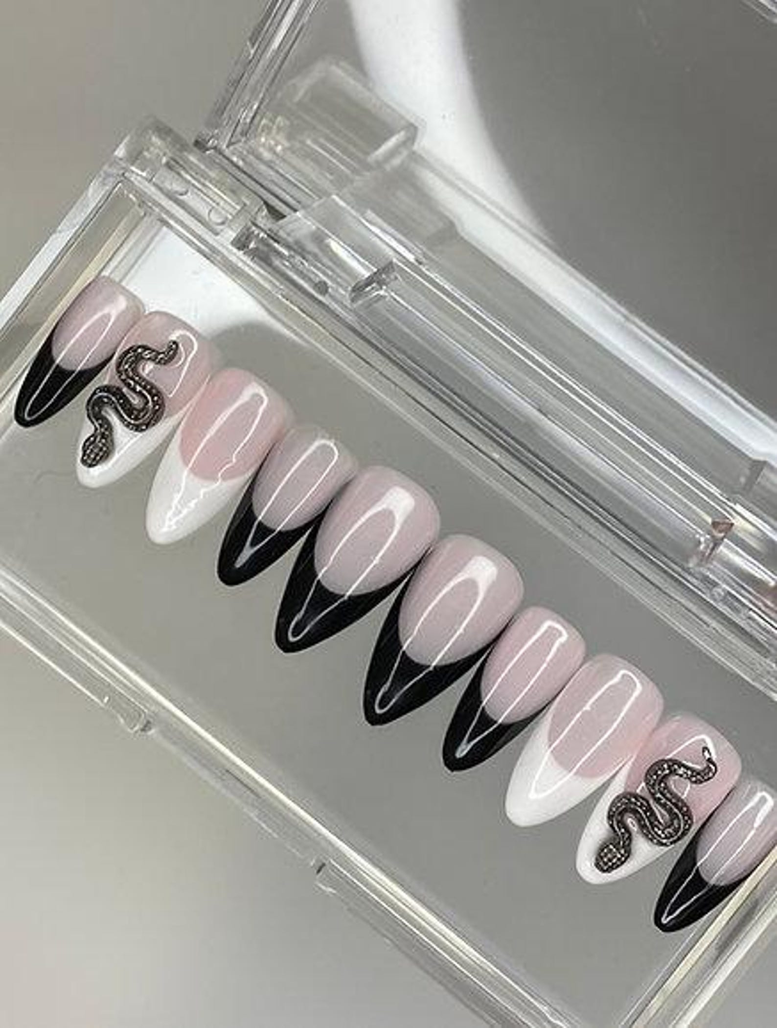 VIPER - Quality Press on Nails | 3d Snake Black White French Tip Design ...