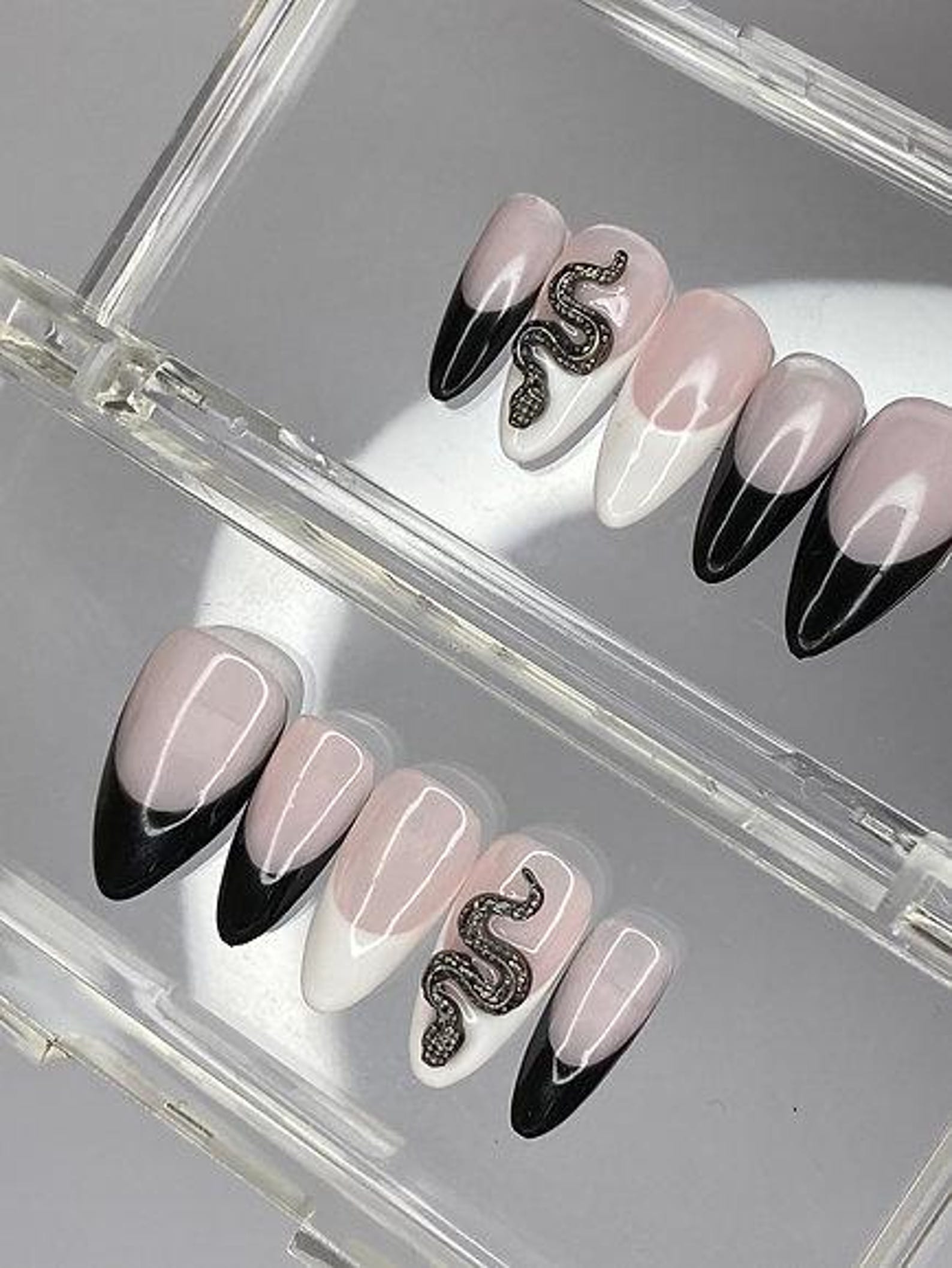 VIPER - Quality Press on Nails | 3d Snake Black White French Tip Design ...