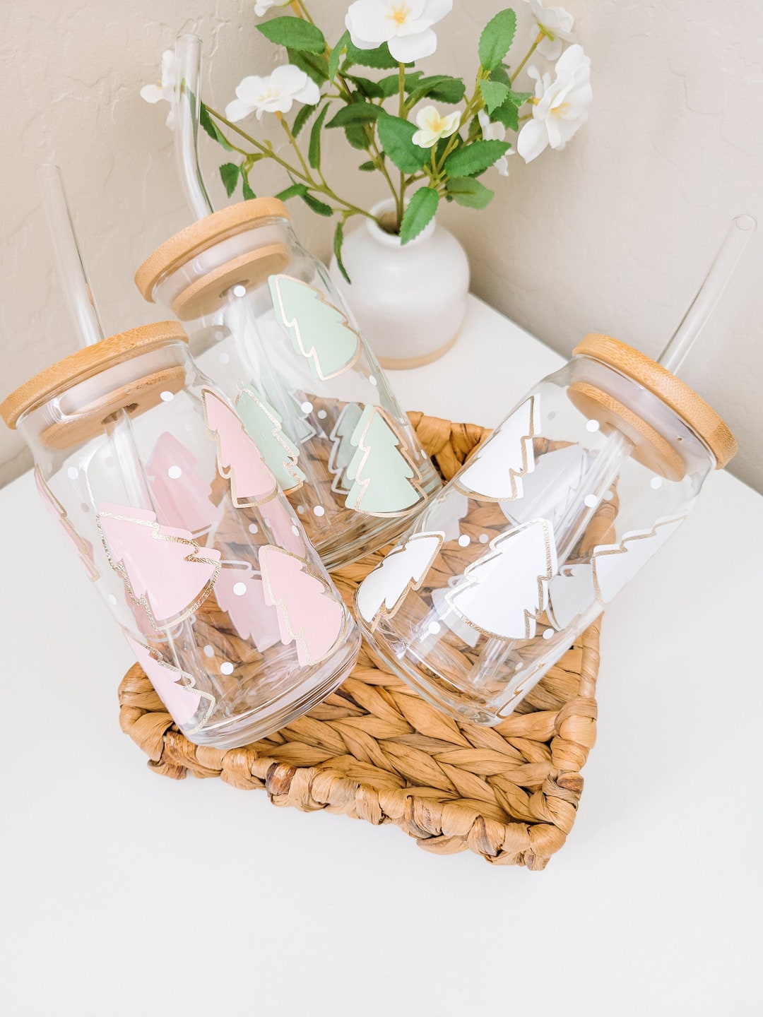 Winter Tree Glass Can Cup With Bamboo Lid and Glass Straw - Etsy