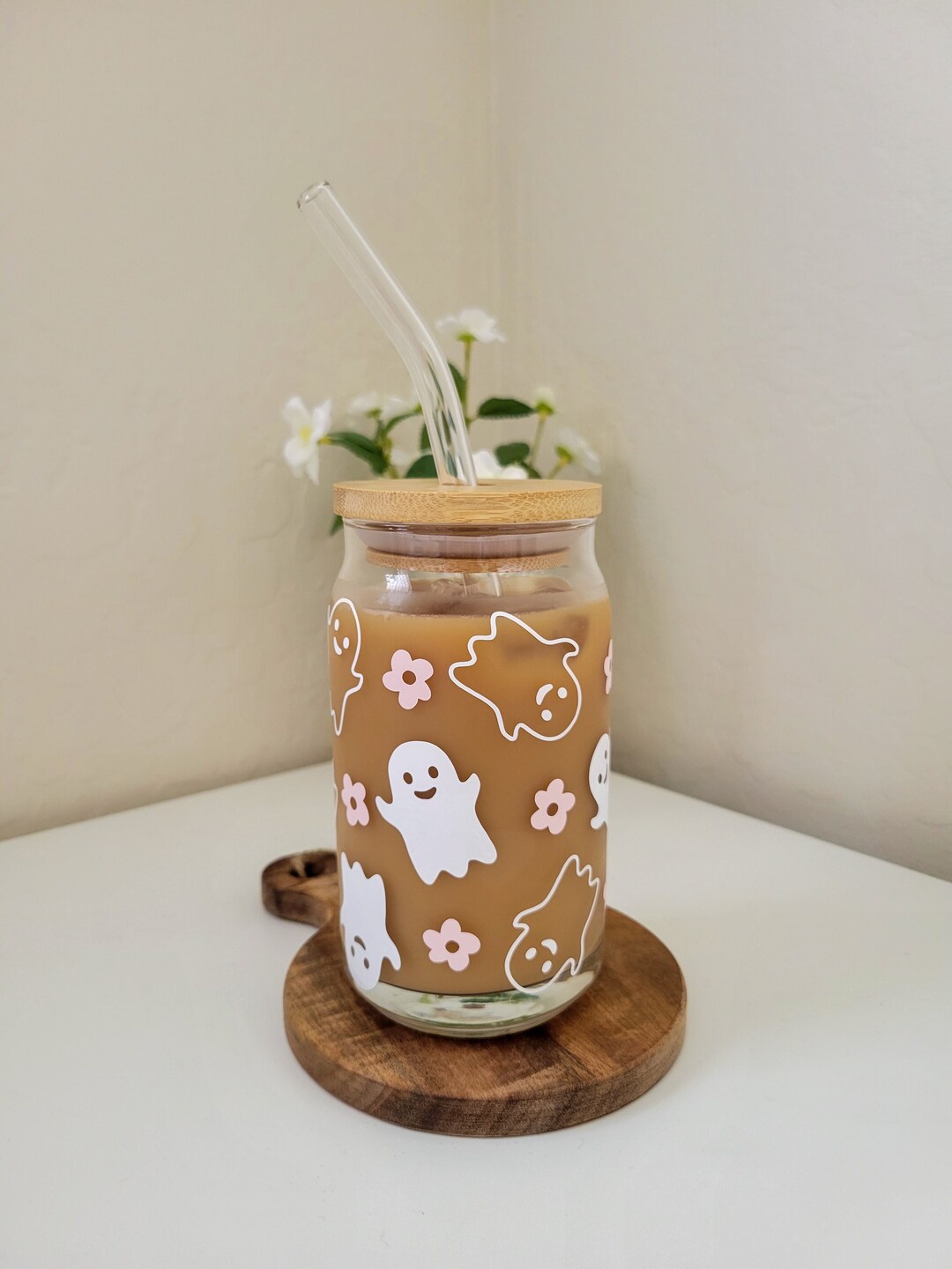 Cute Ghost Glass Can Cup With Bamboo Lid and Glass Straw Simple ...