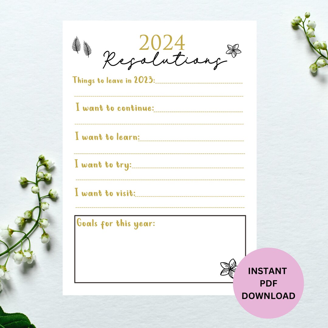 New Years Resolutions Printable, 2024 New Year Goals List, New Years ...