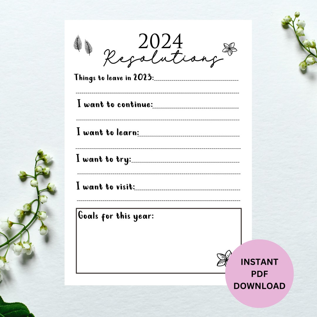 New Years Resolutions Printable, 2024 New Year Goals List, New Years ...