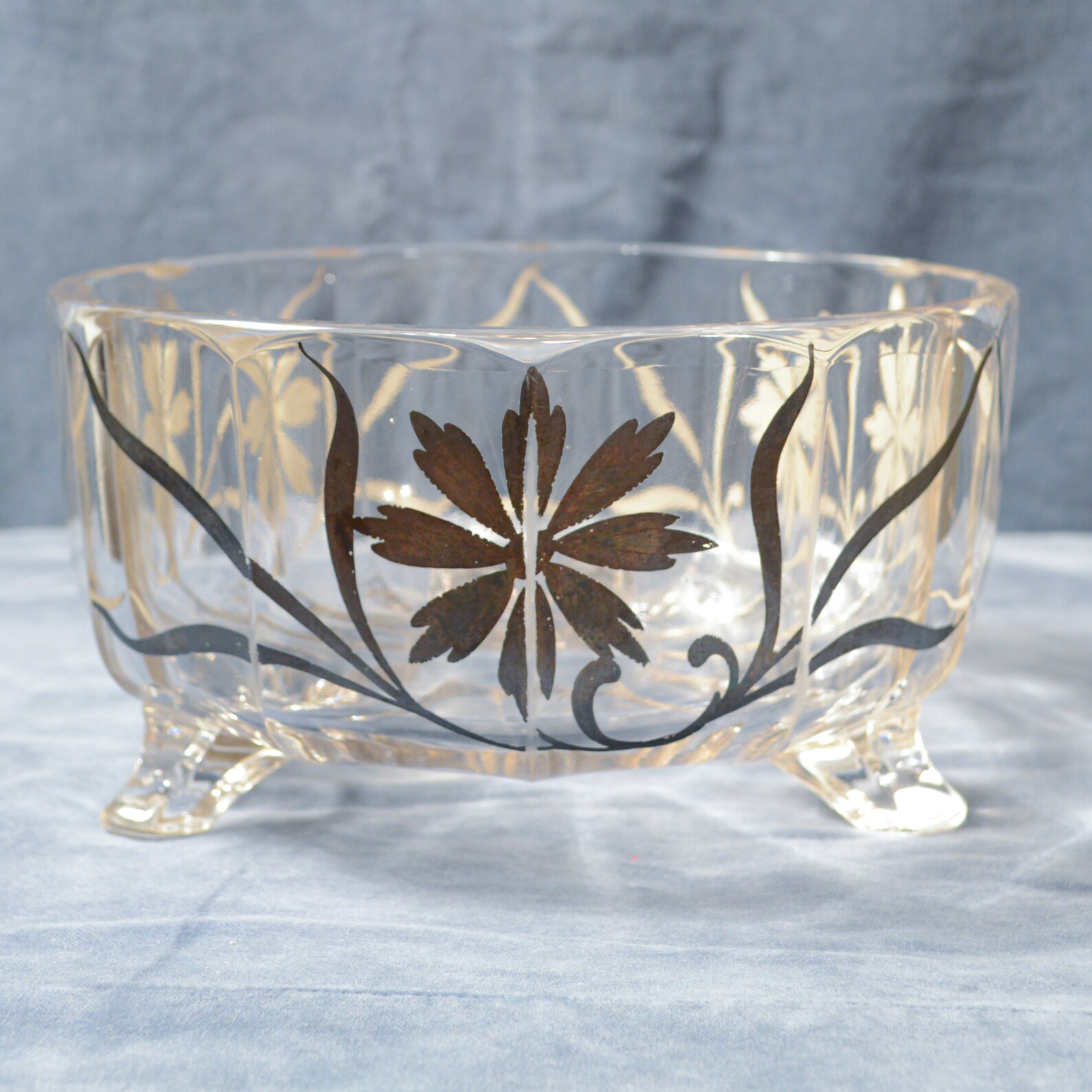 3-footed, Clear Depression Glass Bowl W/ Silver Flowers - Etsy
