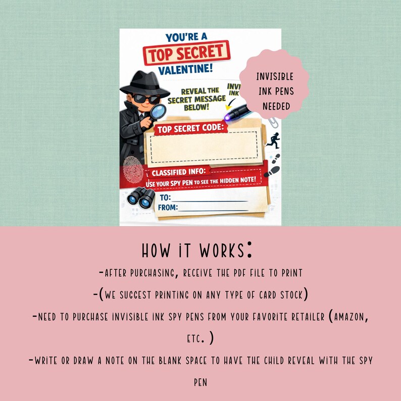 Secret Code Spy Pen Printable Download Kids Valentine's Day Card ...