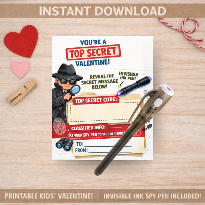 Secret Code Spy Pen Printable Download Kids Valentine's Day Card ...
