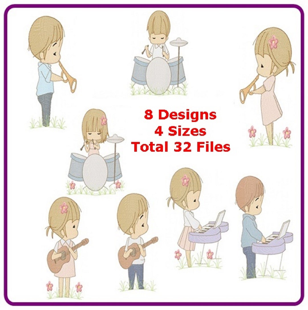 Boy and Girl Playing Musical Instruments Embroidery Designs Machine ...