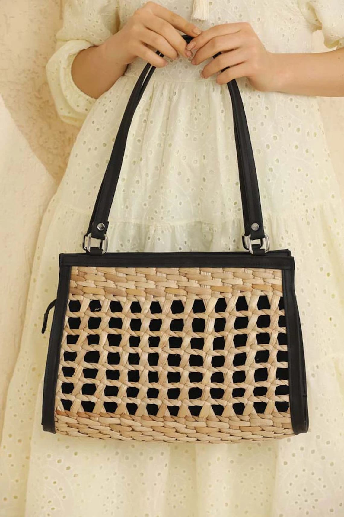 Crispy Patterned Black Straw Bag - Etsy