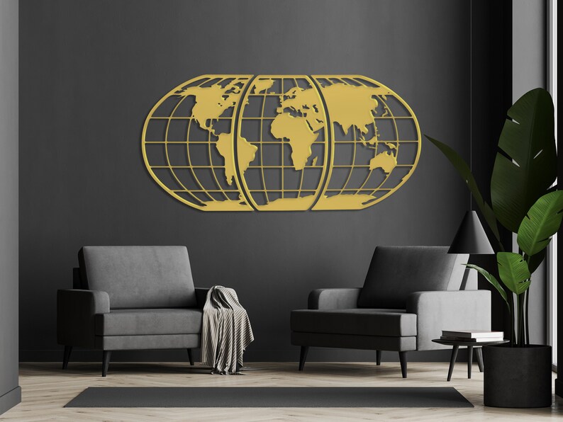 World Map Metal Wall Art, 3 Piece Large World Map Wall Art, Geometric ...