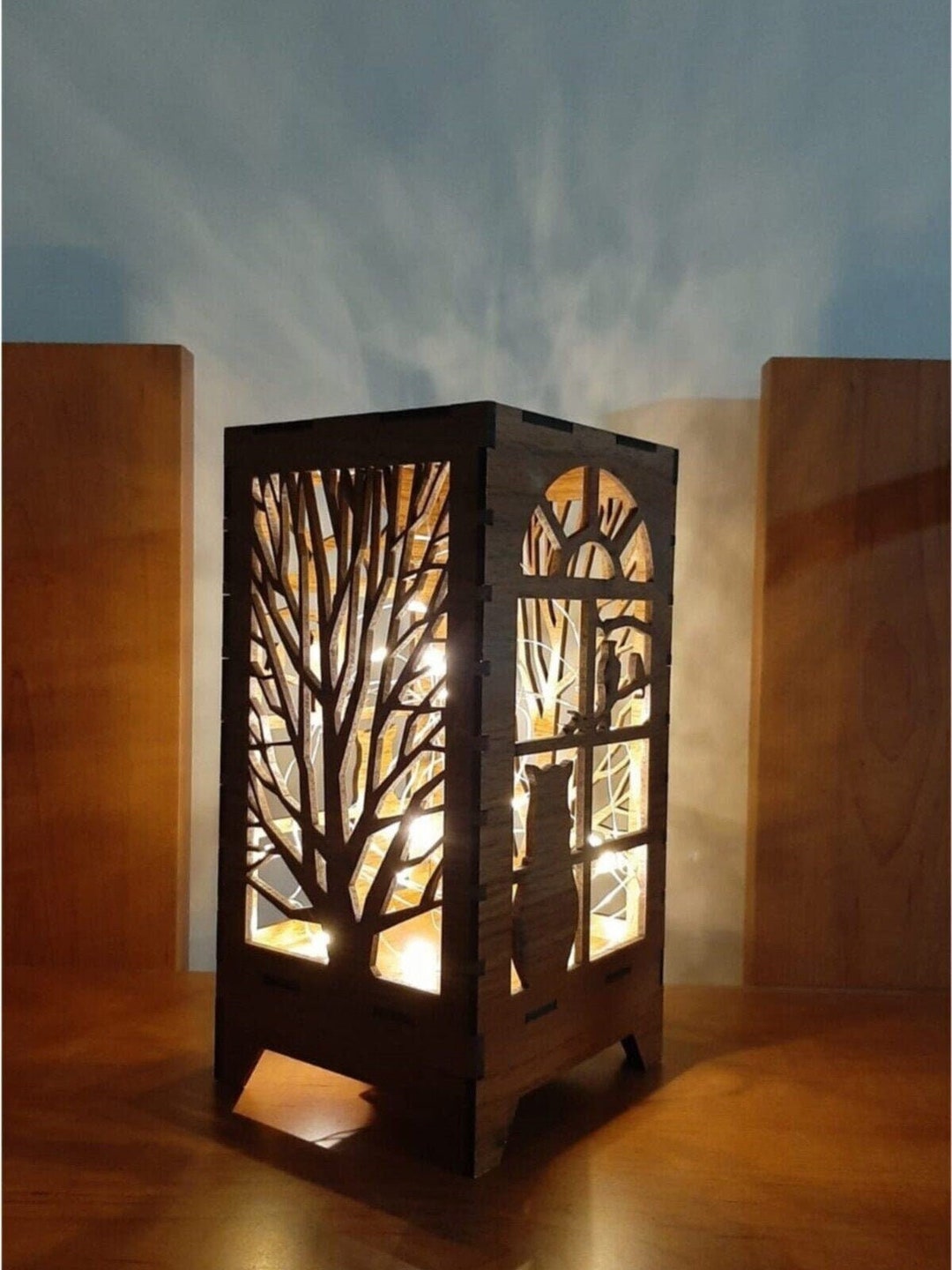 Rustic Wooden Cat & Tree LED Lamp: Fairy Tale Table Decoration - Etsy