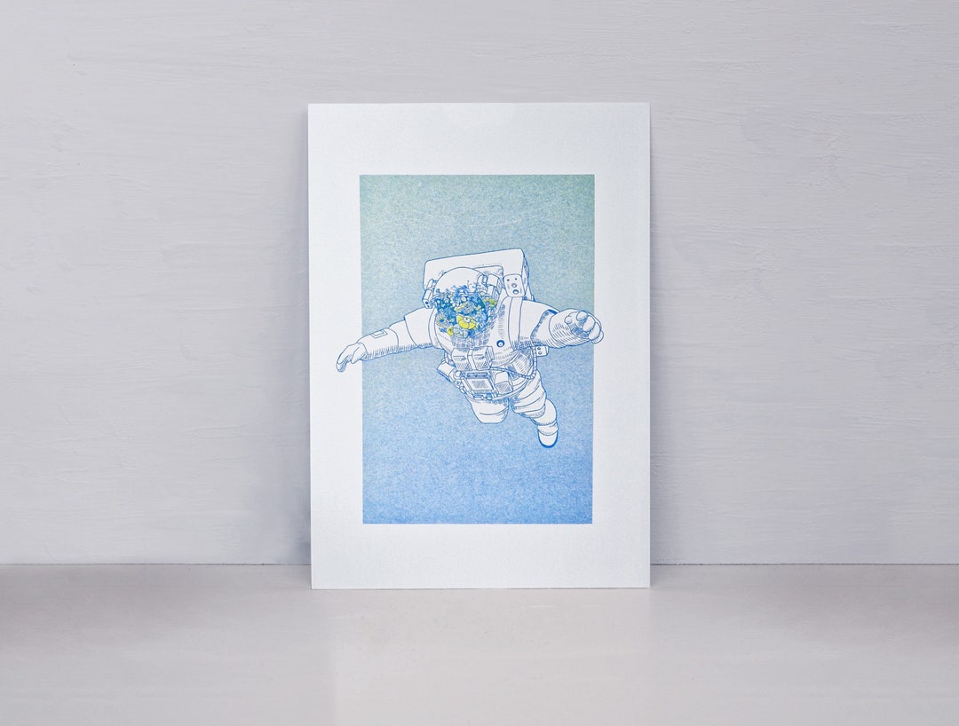 Astronaut | A4 | Riso Print in Blue & Yellow | Riso | Risograph | Space ...