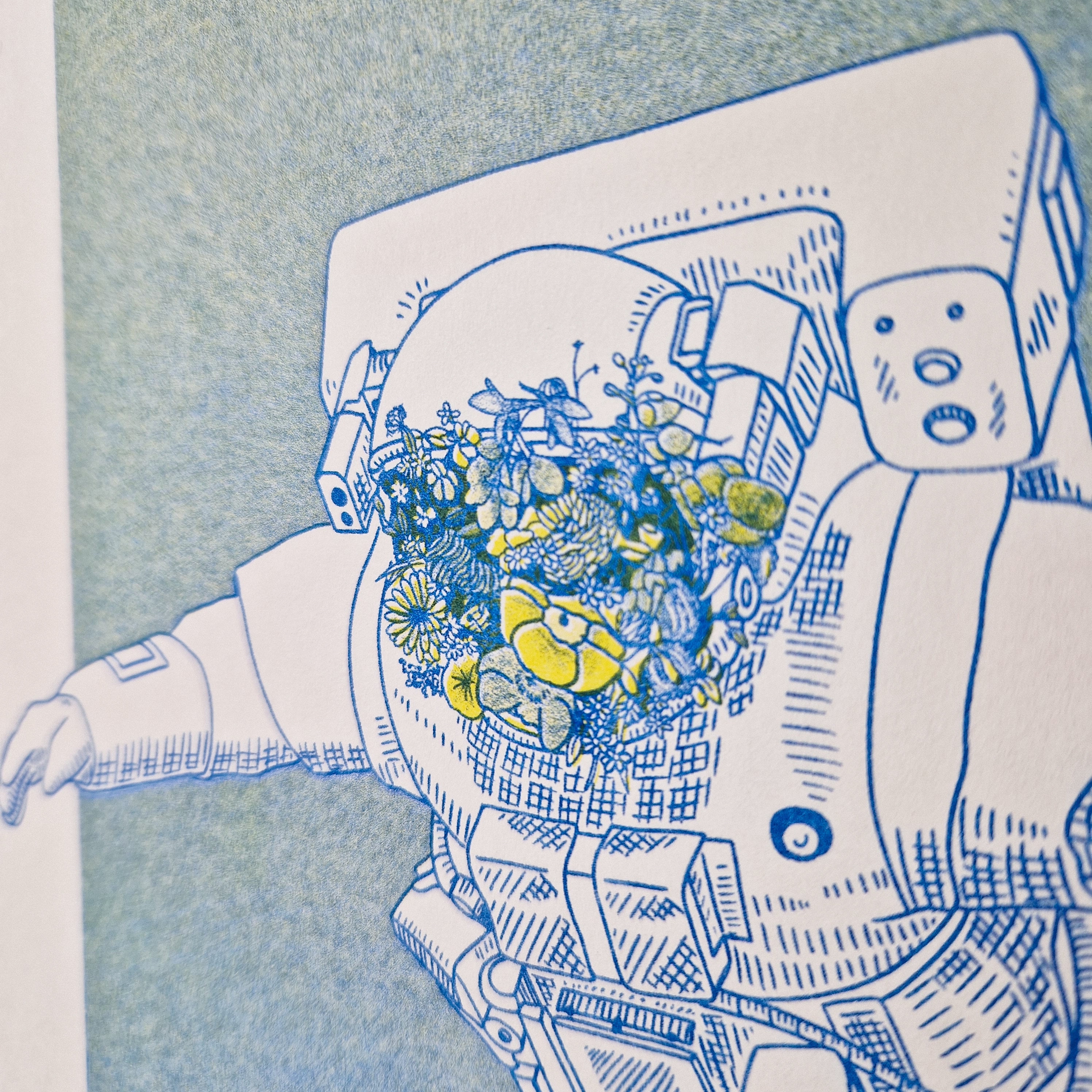 Astronaut A4 Riso Print in Blue & Yellow Riso Risograph Space Oxygen - Etsy
