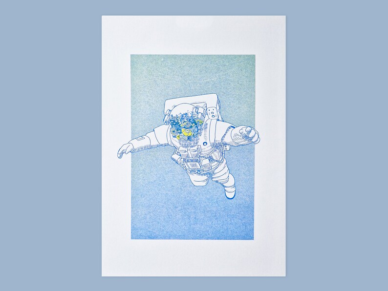 Astronaut A4 Riso Print in Blue & Yellow Riso Risograph Space Oxygen - Etsy