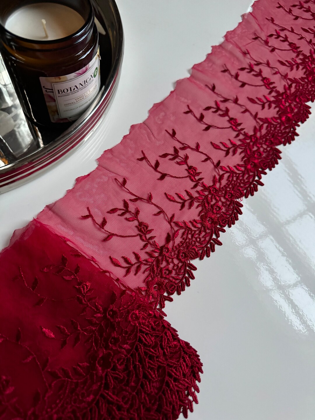 Red Guipure Edge Floral Embroidered Lace Trim (5.25"/13cm) Scallop Edge ...