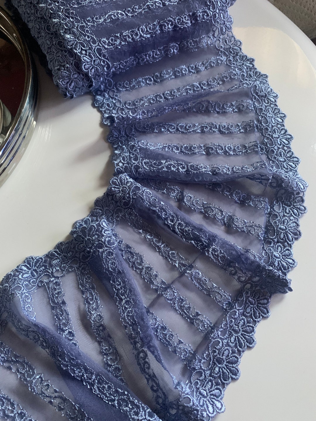 Periwinkle Blue Embroidered Lace Trim 7”/18cm Floral Scallop Edge ...