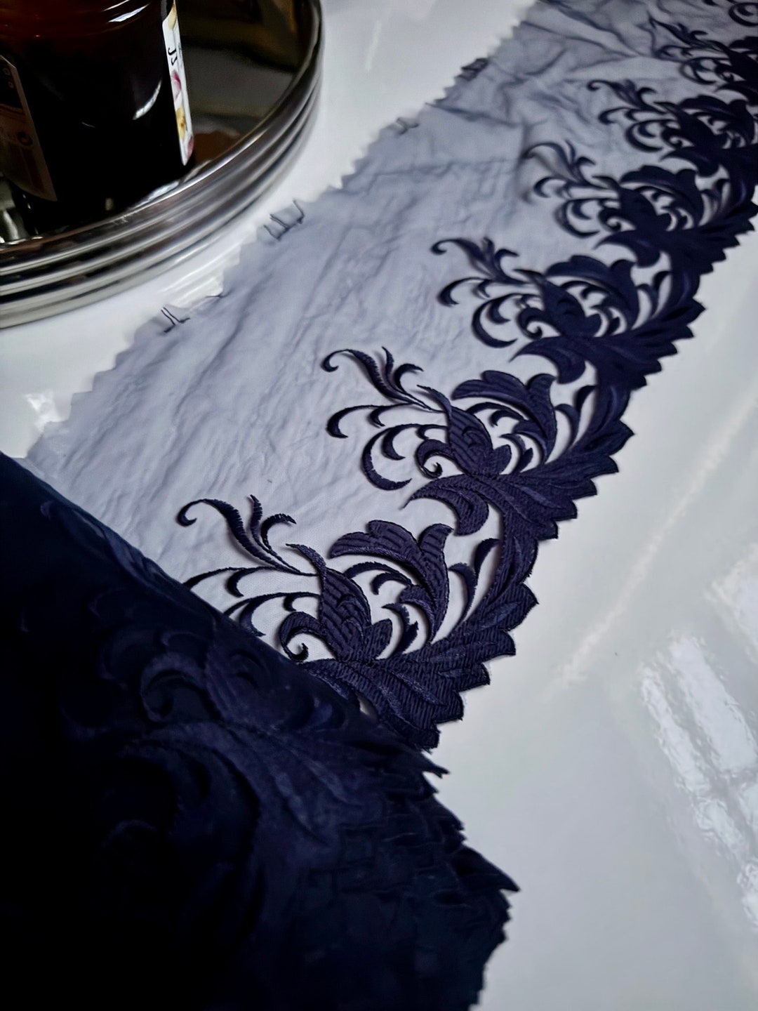 Navy Blue Floral Leaf Swirl Embroidered Lace Trim (6"/15cm) Scallop ...
