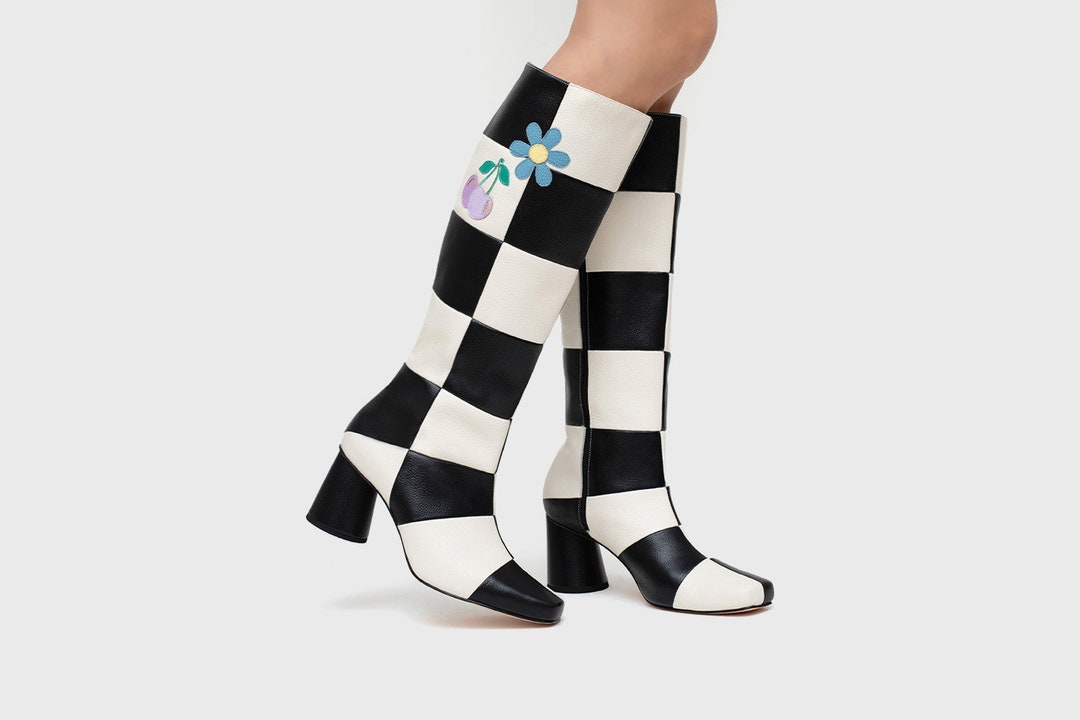 SAMPLE SALE Chess Pattern Pixie Boot Women's Shoes Leather Knee-high ...