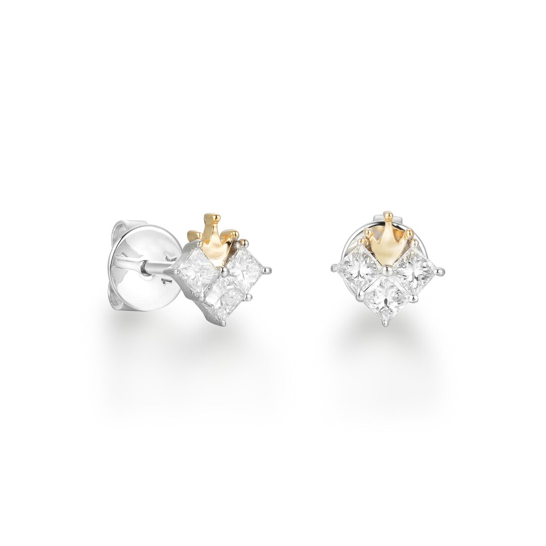 Crown Jewel Studs | Brilliant Princess Cut Diamond With Mini Gold Crown ...