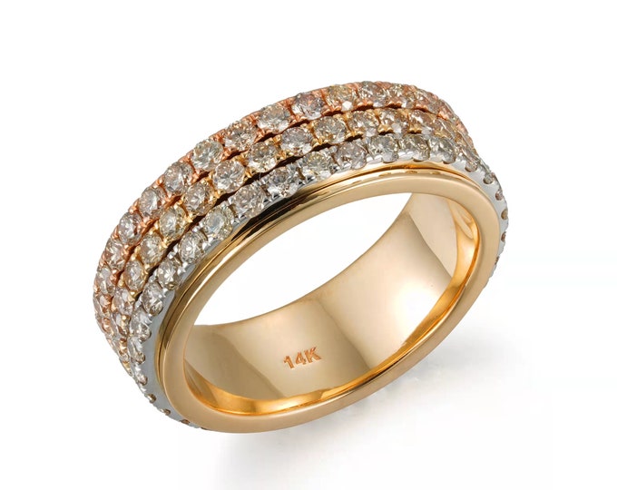 Three Tone Ring, 14K / 18K Gold Diamonds Band, Anniversary Ring ...