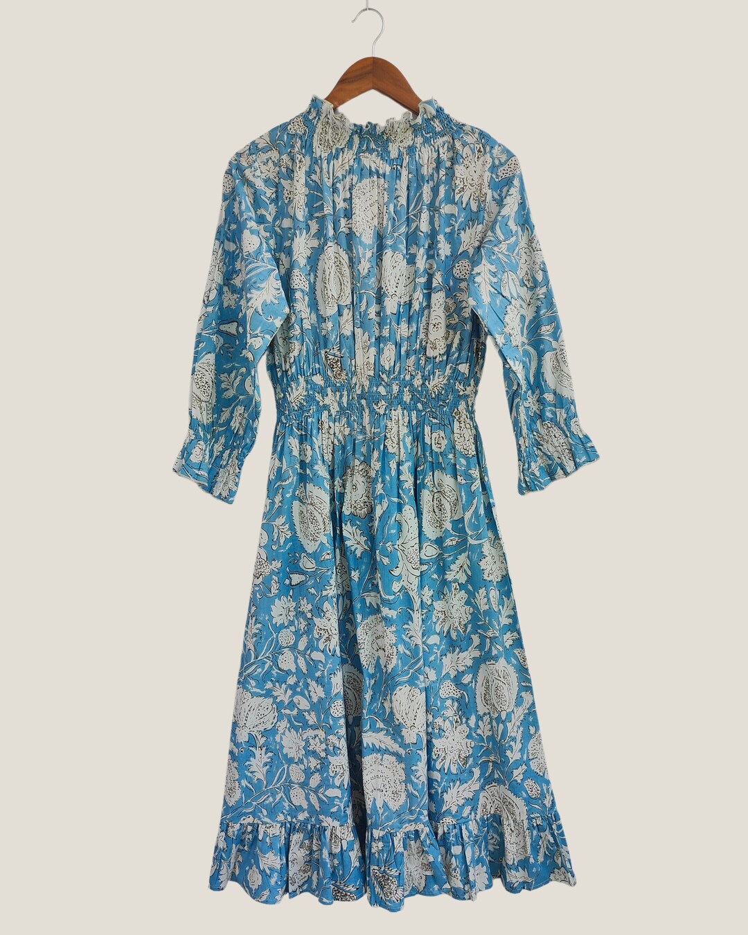 Romantic Aqua Blue Boho Style Block Printed Pico Neck Sheath Cotton ...