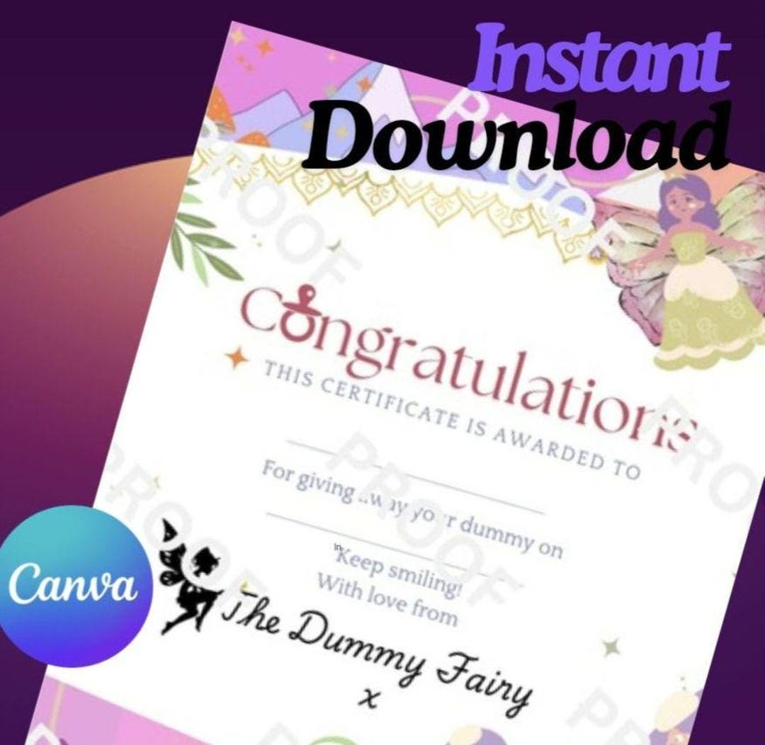 INSTANT EDITABLE Dummy Fairy Certificate Lprintable Letter| Pacifier ...