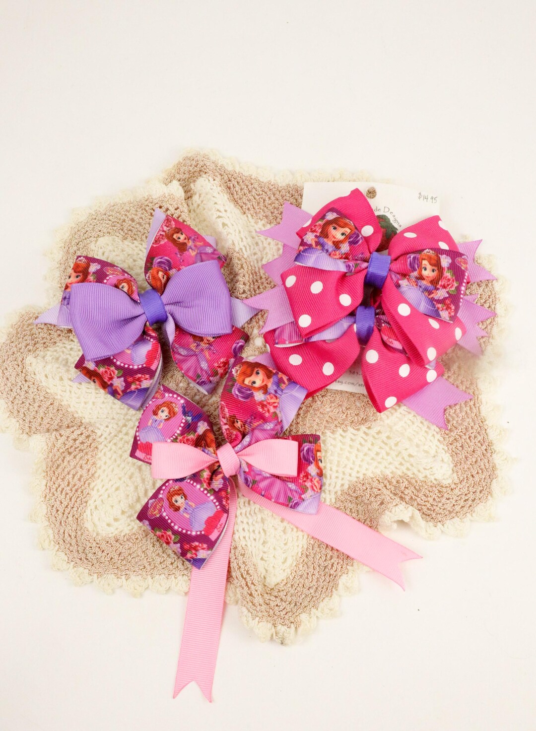 Handmade Disney's Princess Sophia Hair Bows: 2 Singles/1 Set Available; 1.5" Grosgrain Ribbon on ...