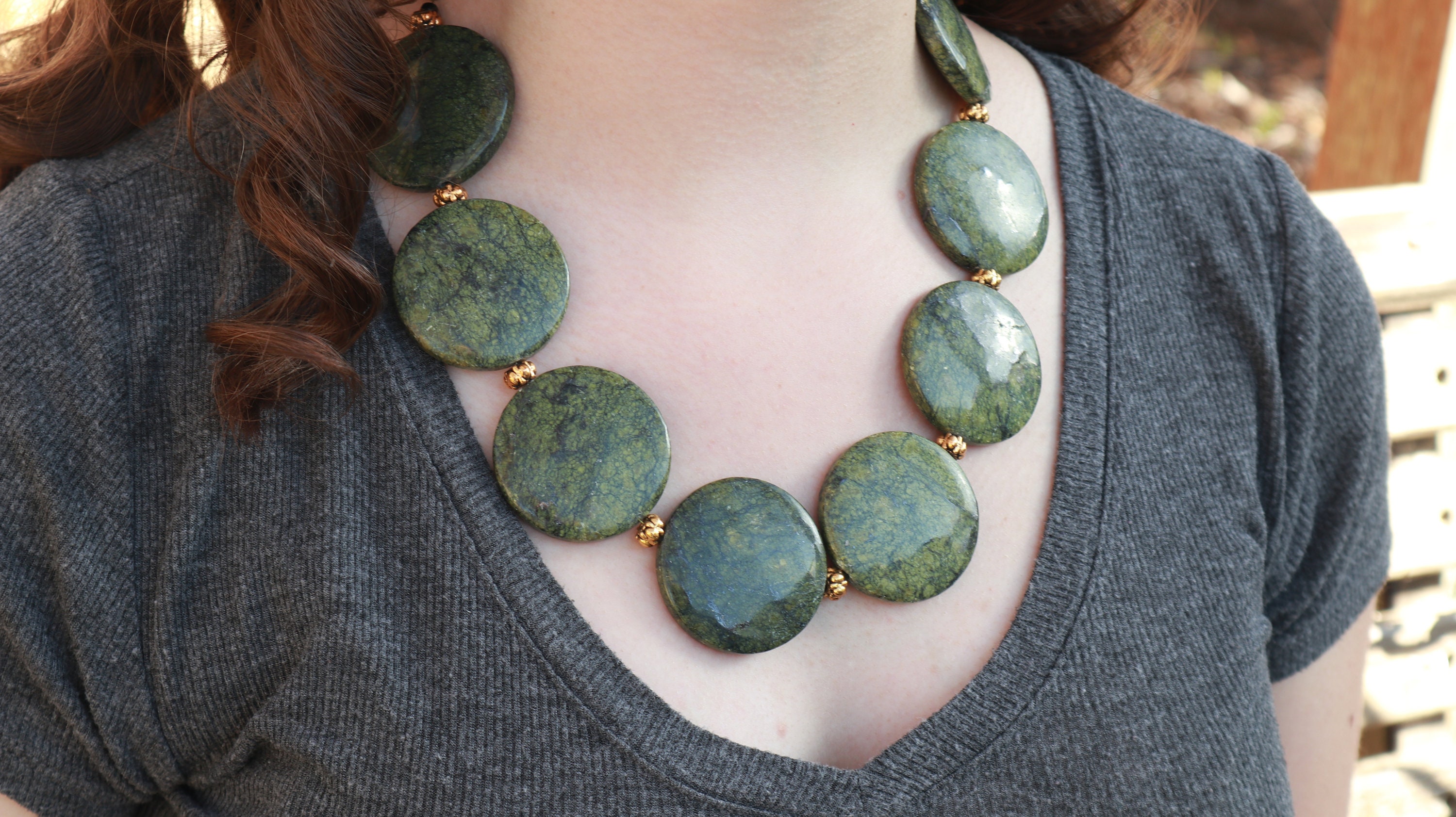 Handmade 20-inch Verdite semi-precious Gemstone Necklace W/gold-tone ...