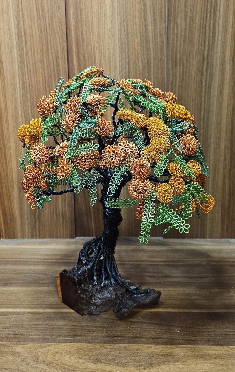 Handmade Aluminum Wire Tree Sculpture, Green and Orange Flowers - Etsy