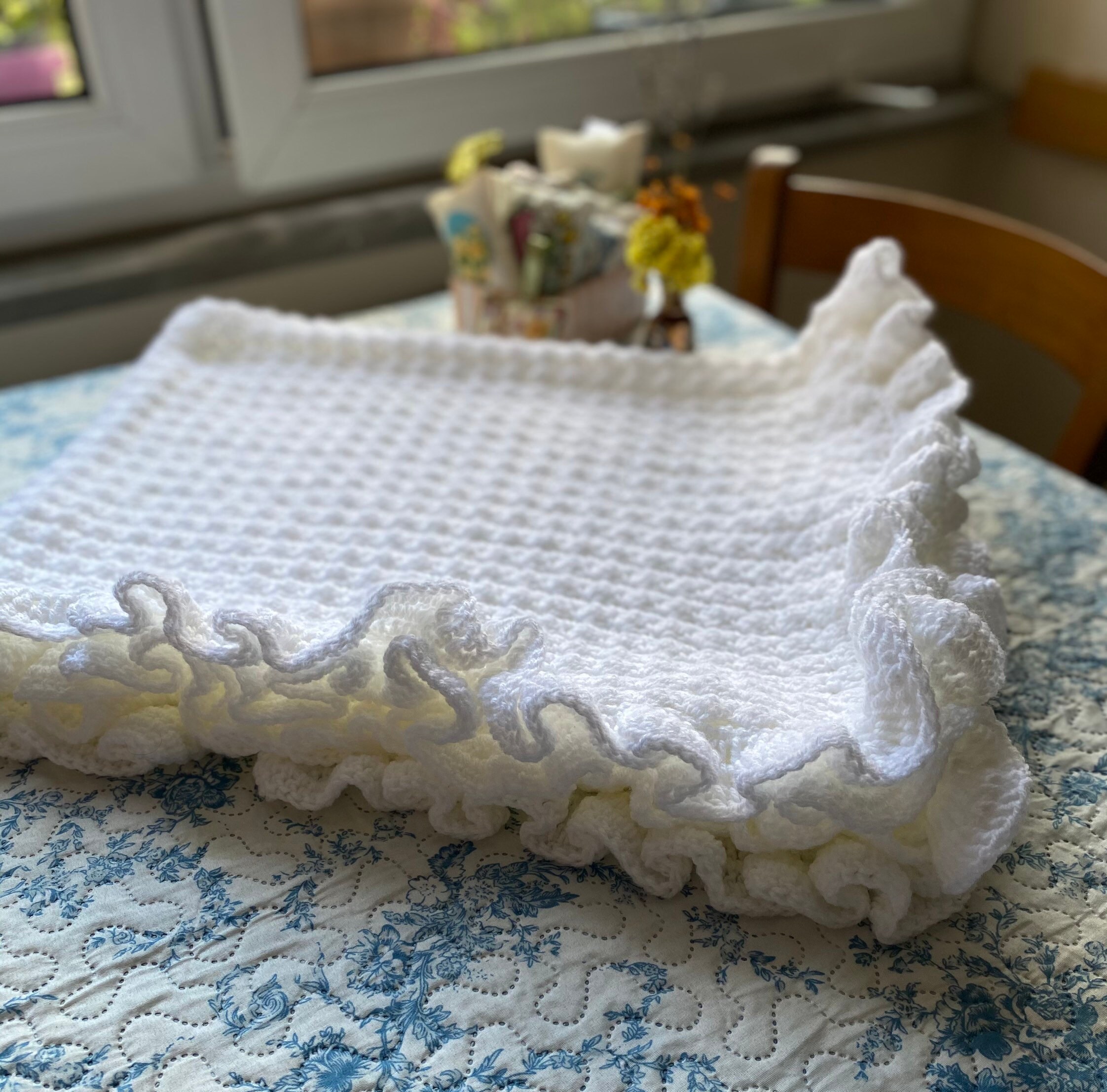 Ruffle Edge Baby Blanket, Crochet Baby Blanket, Baptism Blanket ...