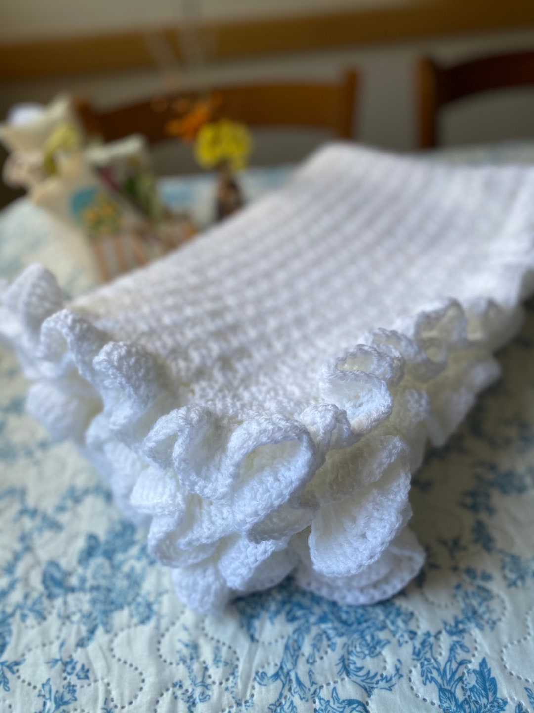 Ruffle Edge Baby Blanket, Crochet Baby Blanket, Baptism Blanket ...