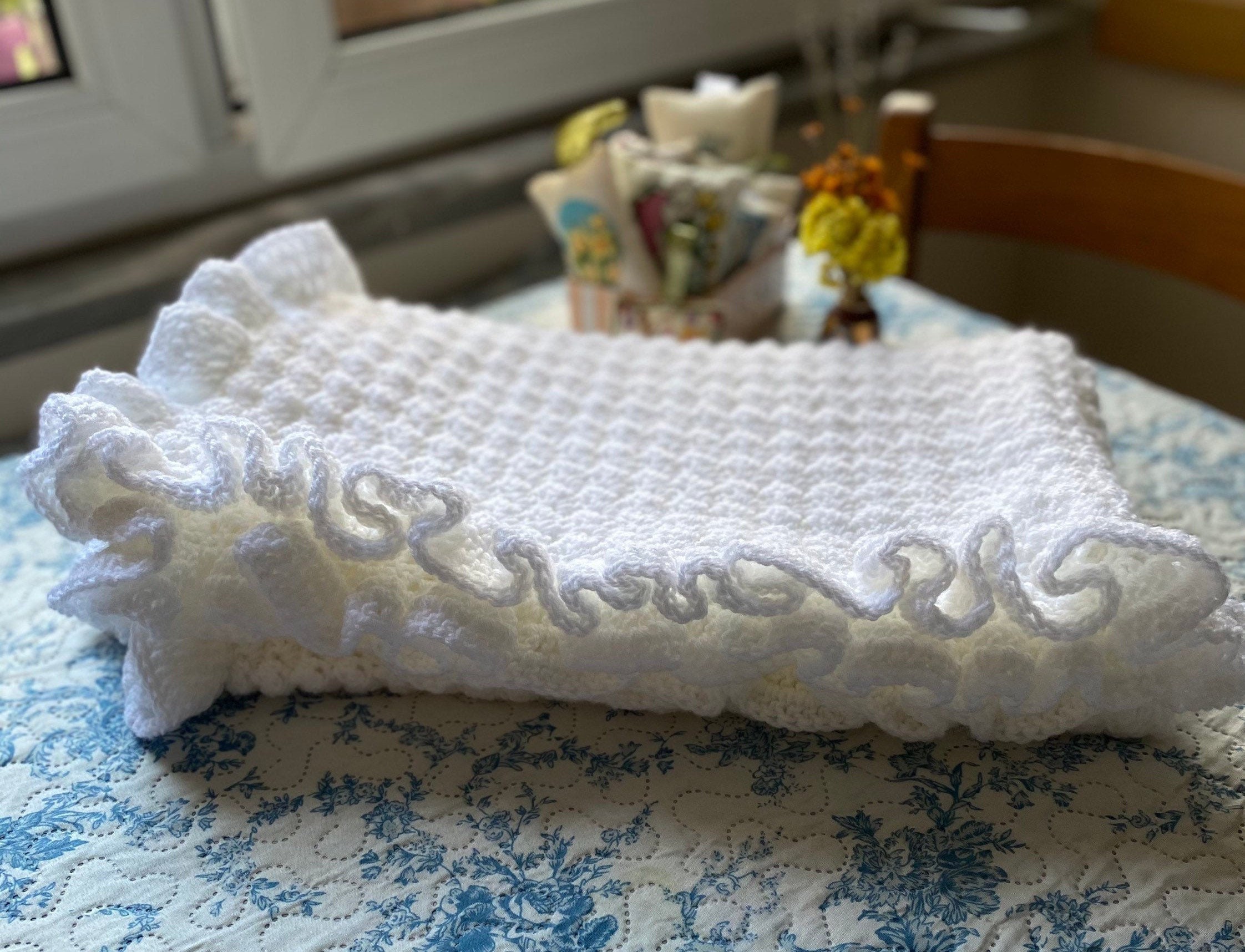 Ruffle Edge Baby Blanket, Crochet Baby Blanket, Baptism Blanket ...