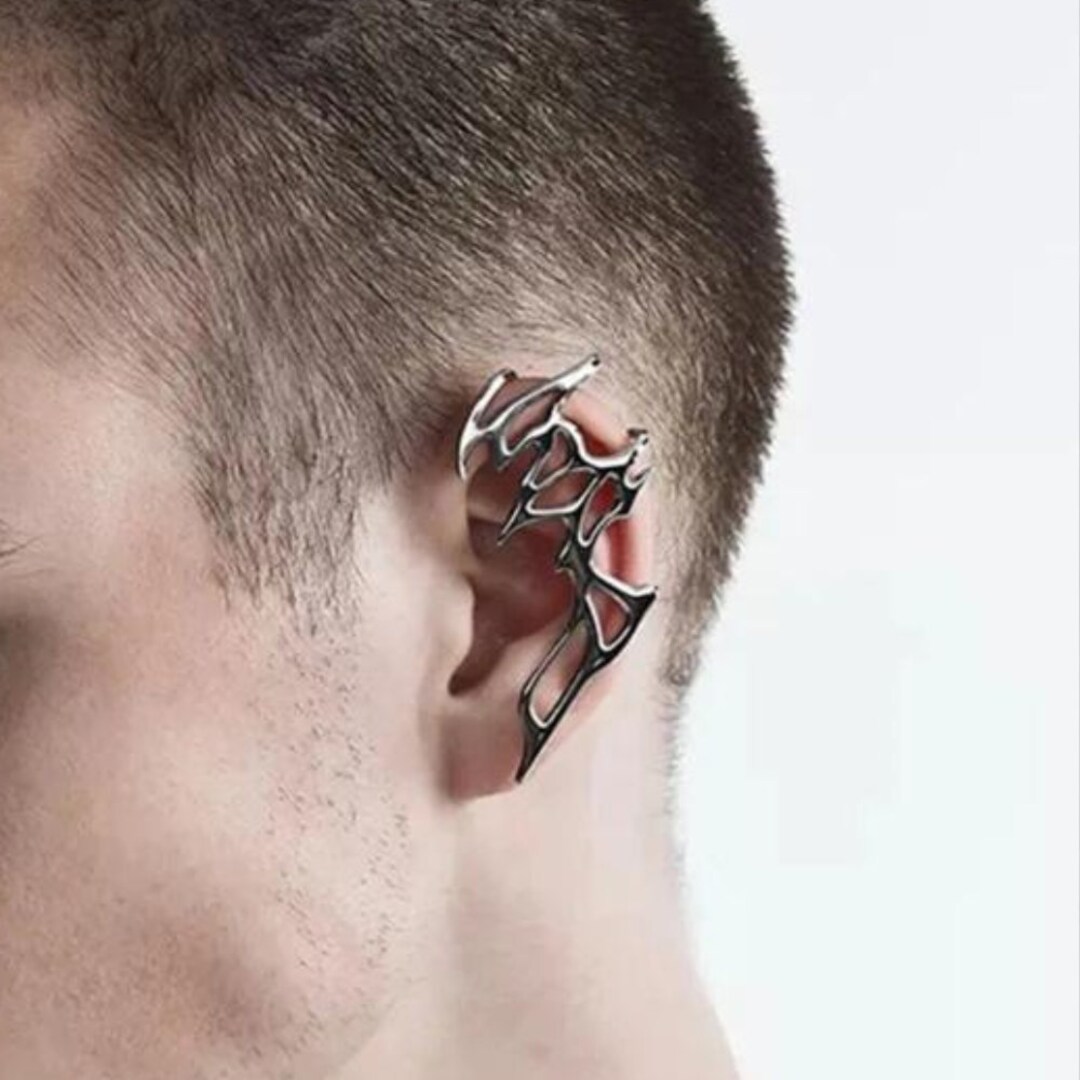 Cybercore Gothic Flame Ear Cuff Bold Cyber Metal Liquid Fire Design, Edgy Rock Punk Statement ...