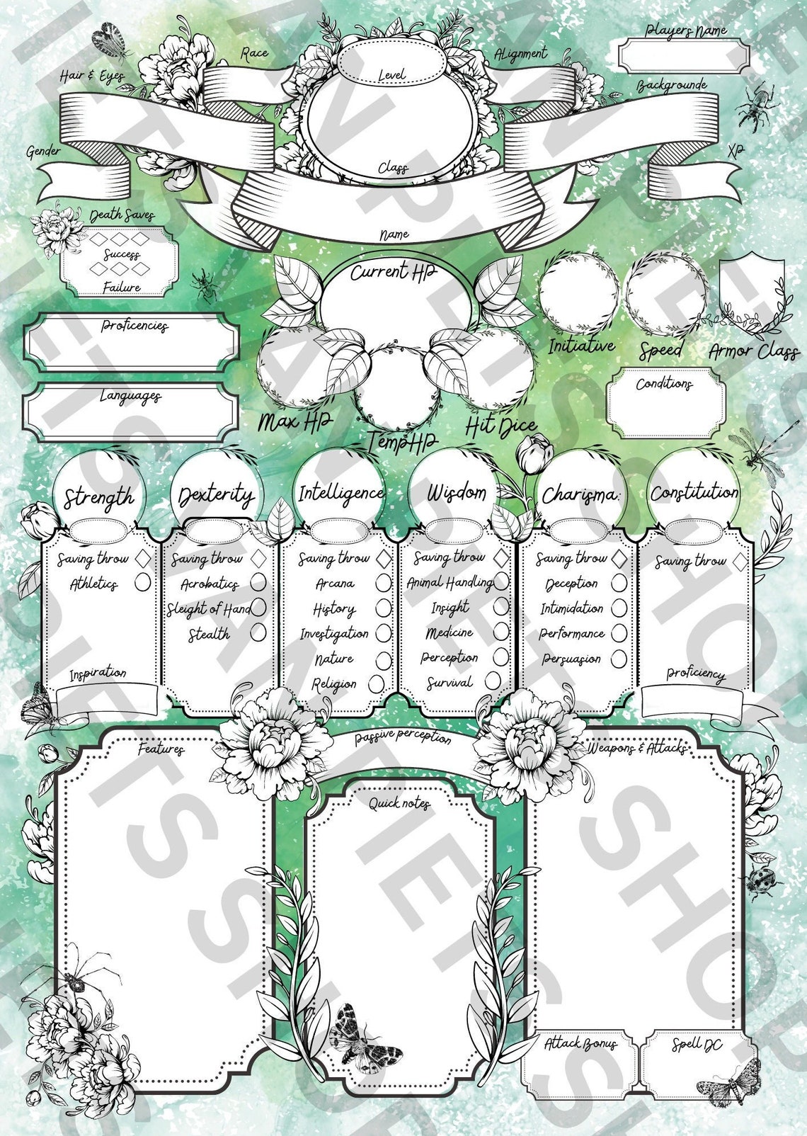 Dnd Printable Character Sheet Dnd Botanical Character Sheet - Etsy UK