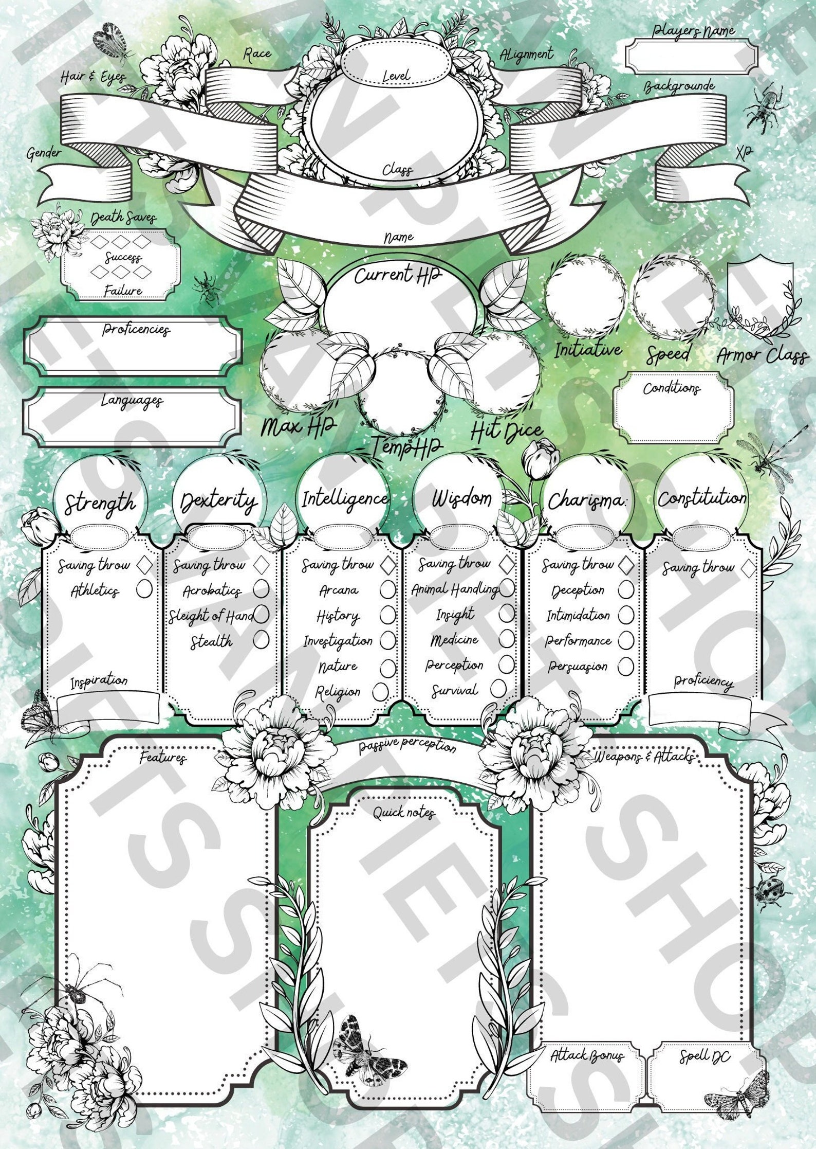 Dnd Printable Character Sheet Dnd Botanical Character Sheet - Etsy UK