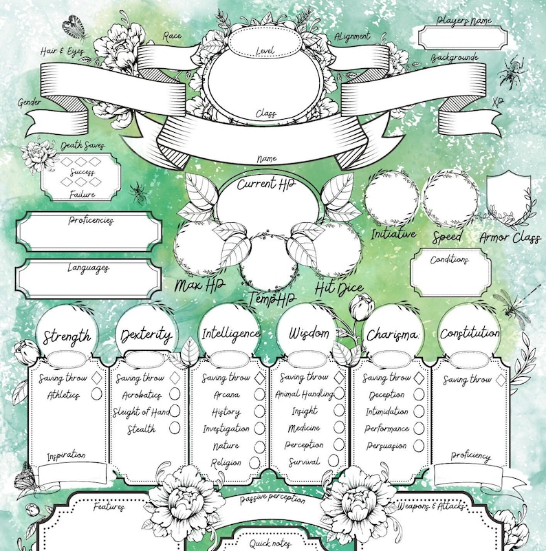 Dnd Printable Character Sheet Dnd Botanical Character Sheet - Etsy UK