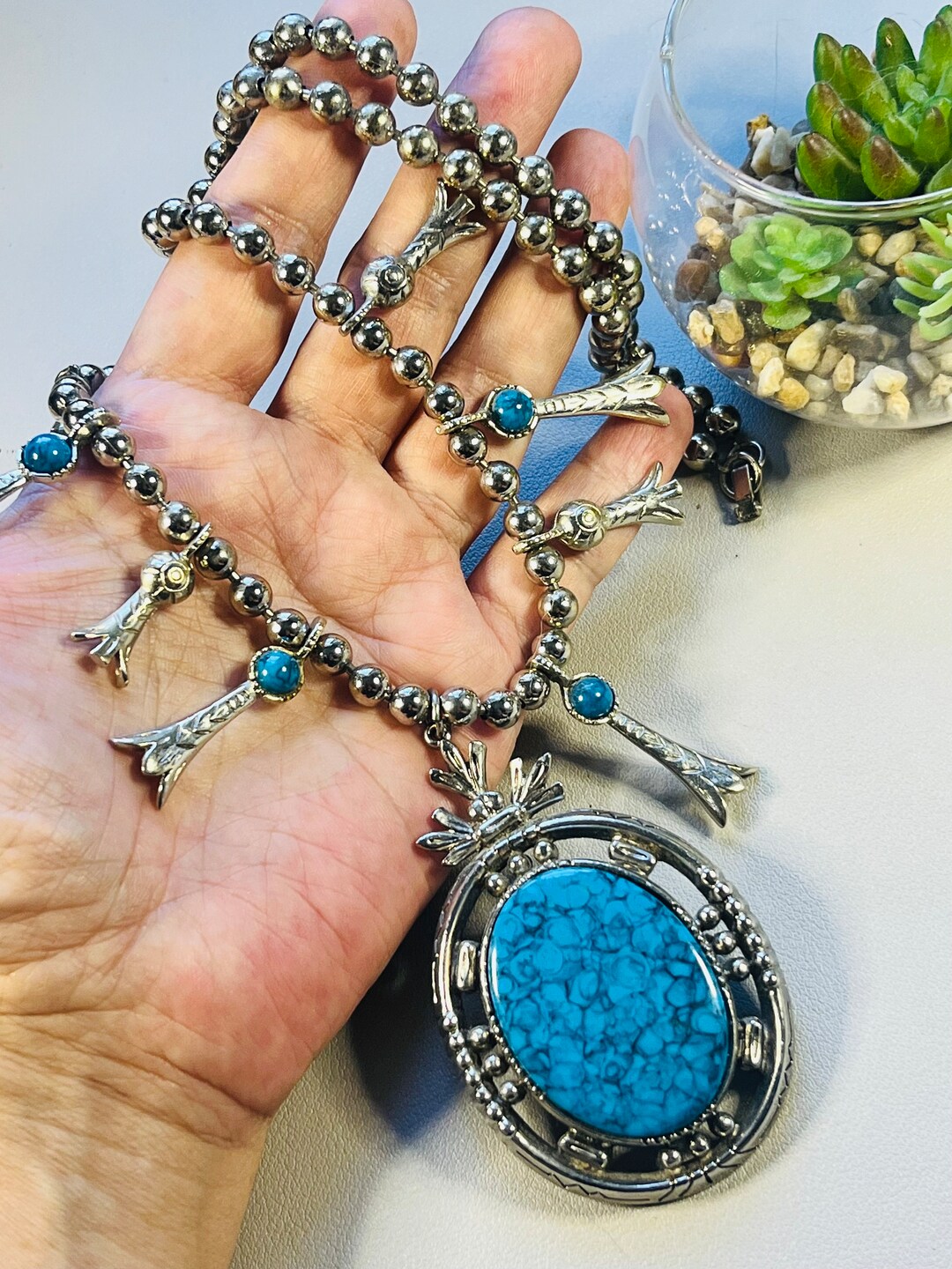 ART Arthur Pepper Faux Turquoise Squash Blossom Style Pendant Necklace ...