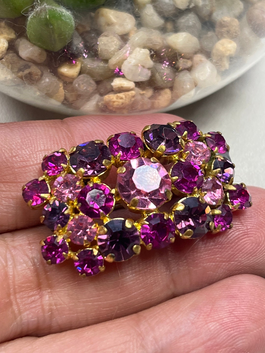 Vintage Gold Tone Pink/purple Crystal Rhinestone Brooch - Etsy