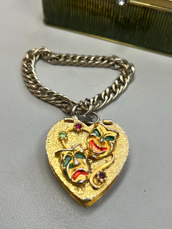 Rare, vintage Comedy/Tragedy heart locket charm brace… - Gem