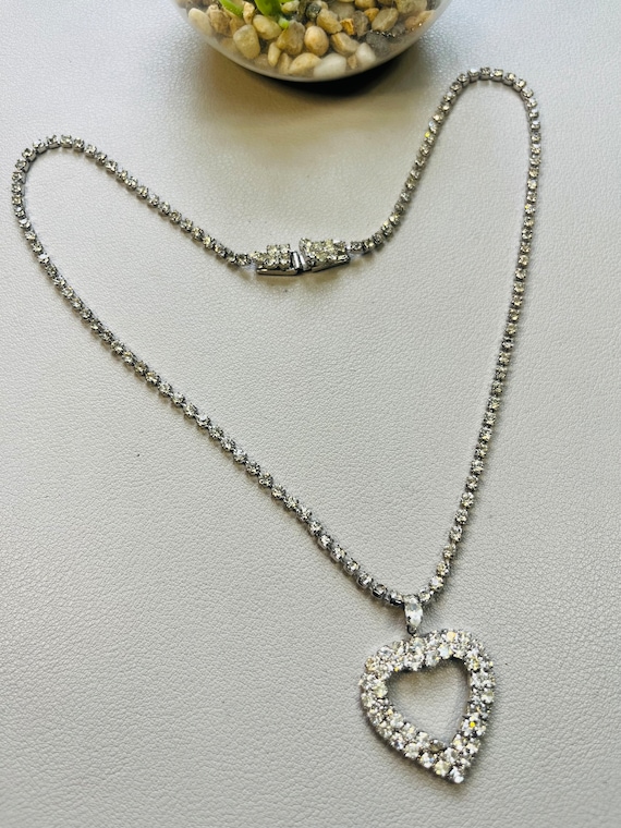 Vintage clear glass rhinestone open heart pendant nec… - Gem