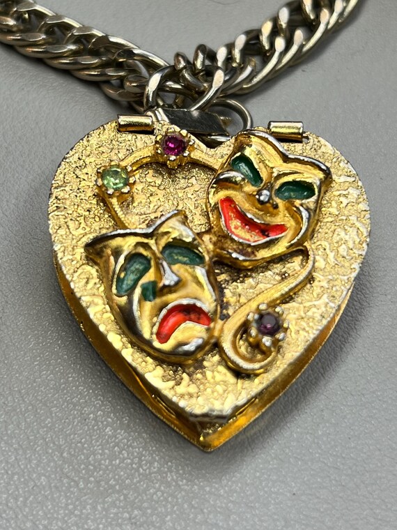 Rare, vintage Comedy/Tragedy heart locket charm brace… - Gem