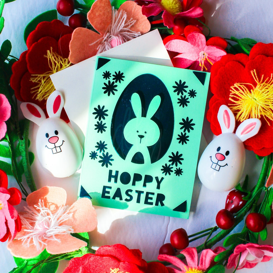 Hoppy Easter Card Bunny Flowers Frame Card Easter Greeting Card Set Cut ...