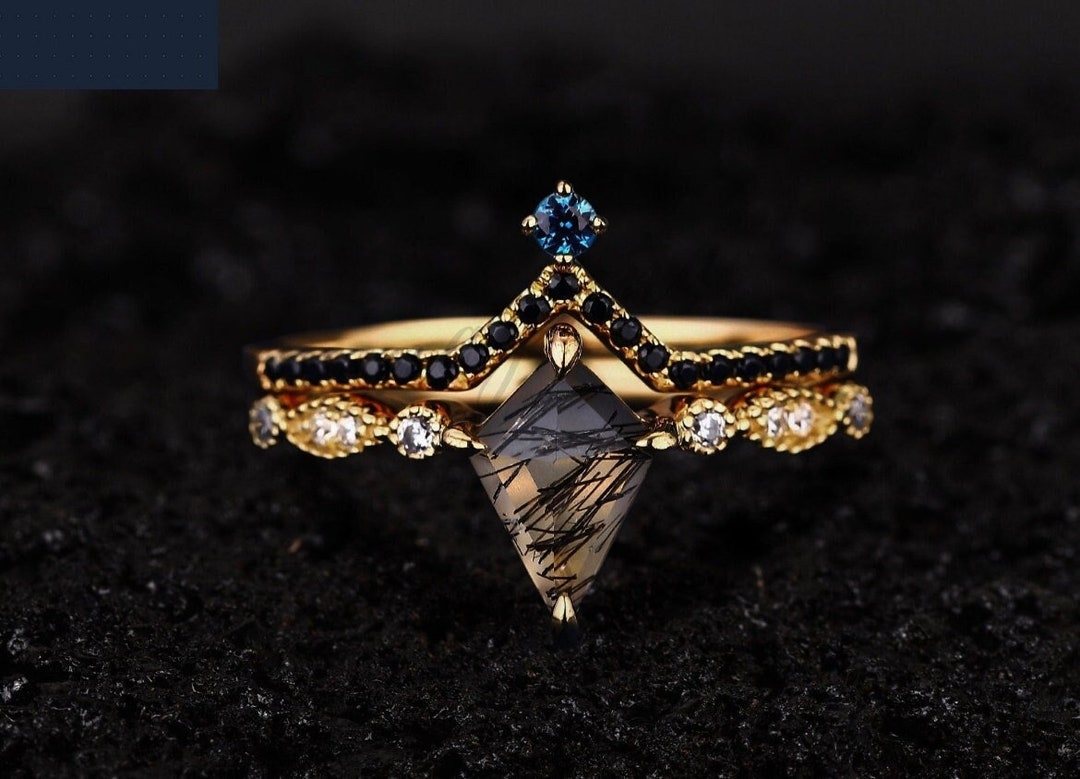 Natural Rutile Quartz Engagement Ring Set, Kite Cut Rutile Ring, Topaz ...