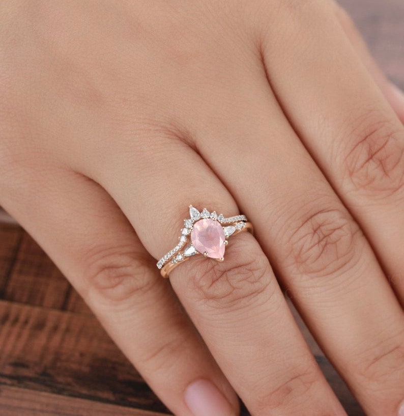 Pear Rose Quartz Ring Set Sterling Silver Rose Quartz Engagement Ring Set, Dainty Ring, Stacking ...