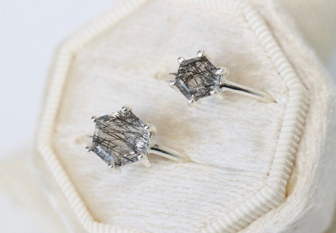 Hexagon Cut Black Rutilated Quartz Ring, Salt and Pepper Diamond Ring ...
