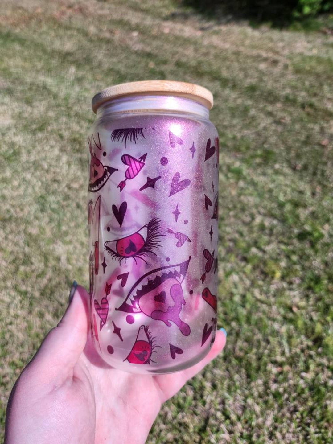 16oz Glass Pink Yandere Iridescent Colorshift Pink Sublimated Anime ...